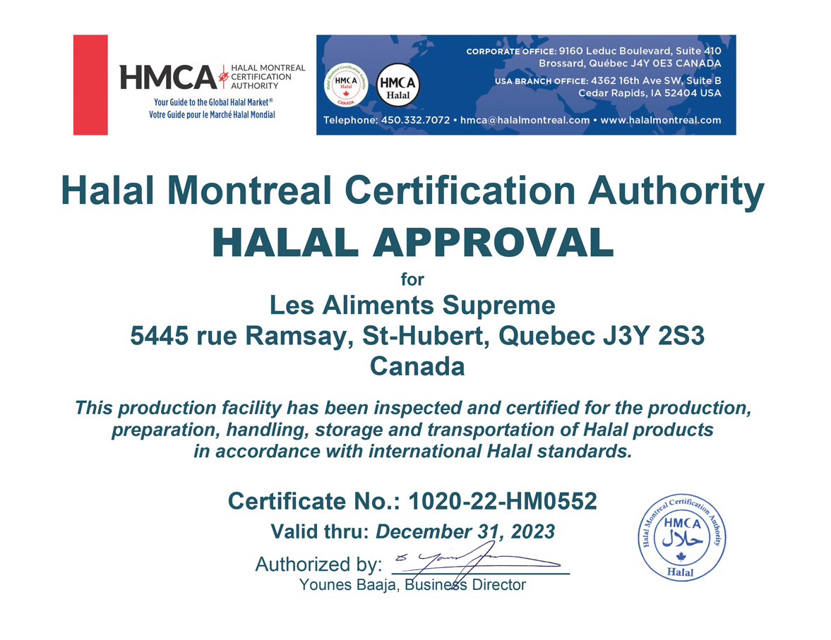 Les Aliments Supreme | Certifications